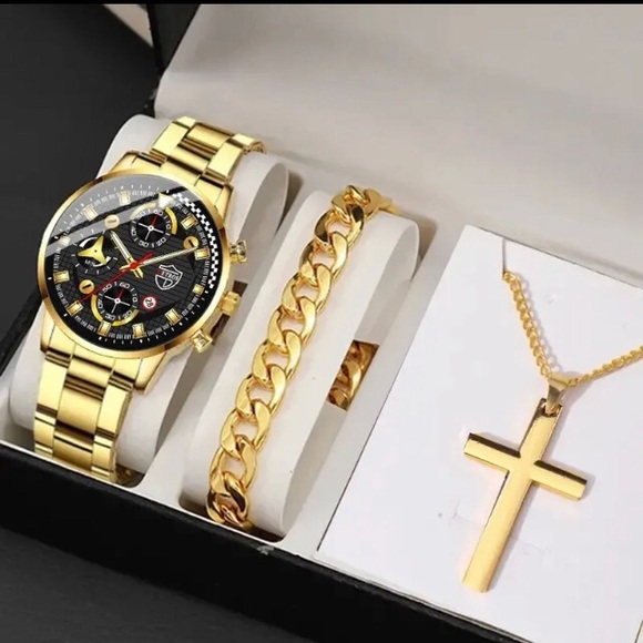 Accessories | Mens Gold Stainless Steel Quartz Watch Bracelet Cross ...